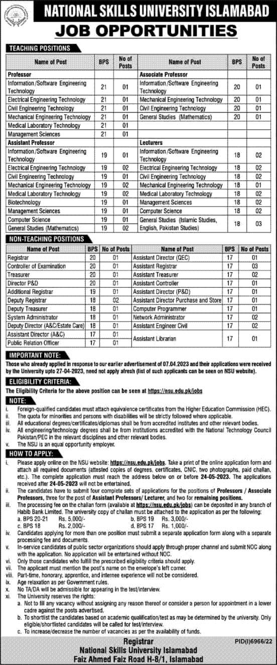 National Skill University Jobs 2023- Apply online via www.nsu.edu.pk